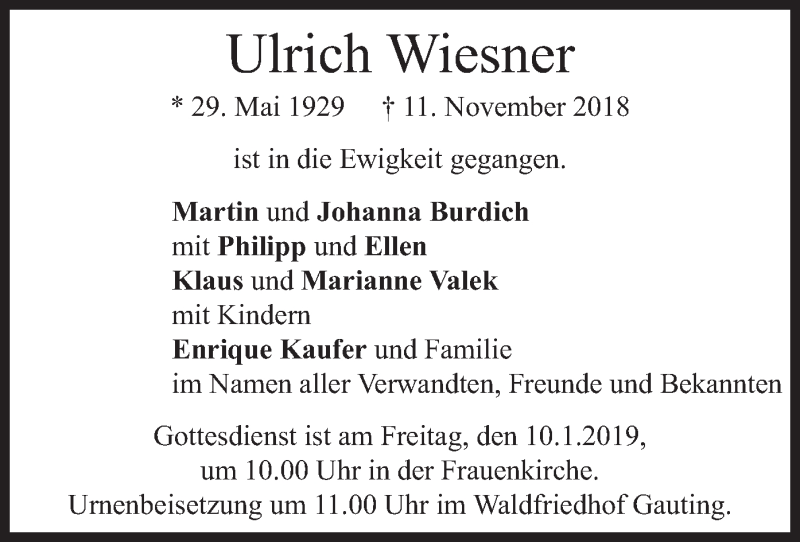 Traueranzeigen von Ulrich Wiesner | trauer.merkur.de