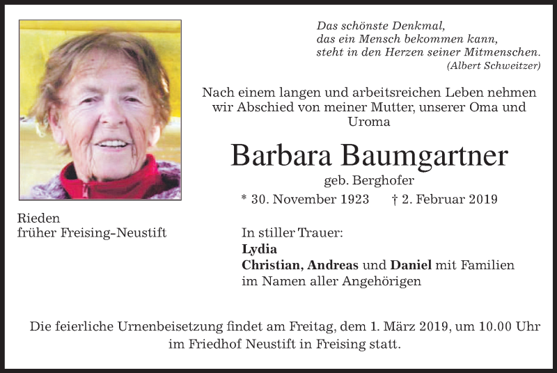 Traueranzeigen von Barbara Baumgartner | trauer.merkur.de