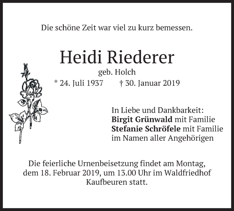 Traueranzeigen von Heidi Riederer | trauer.merkur.de