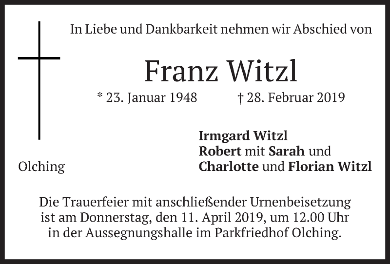 Traueranzeigen von Franz Witzl | trauer.merkur.de