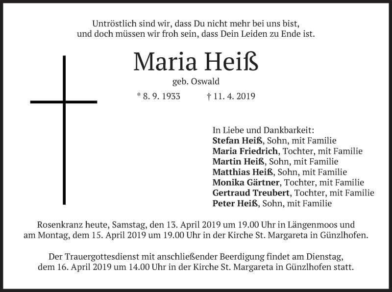 Traueranzeigen von Maria Heiß | trauer.merkur.de
