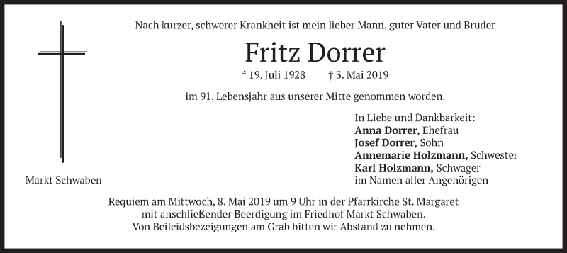 Traueranzeigen von Fritz Dorrer | trauer.merkur.de