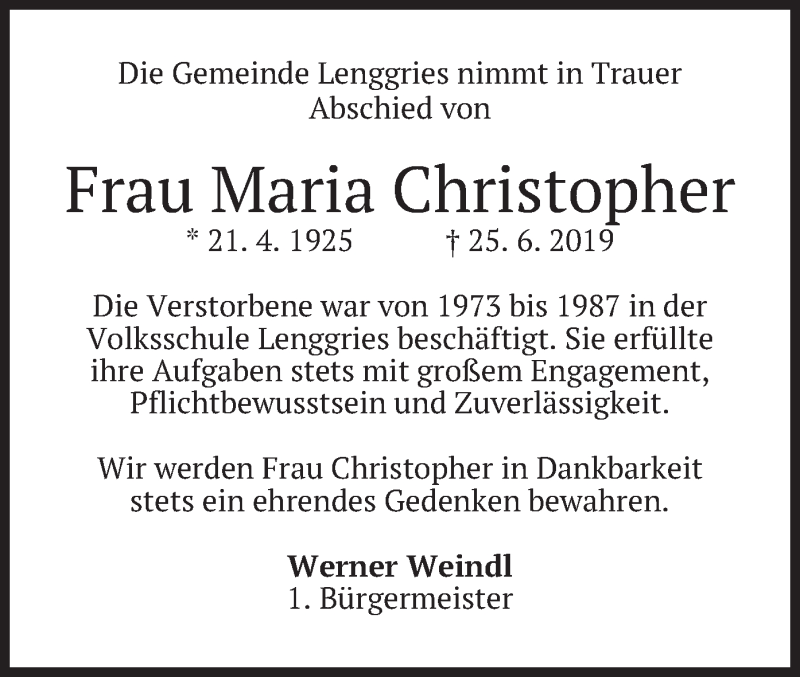 Traueranzeigen von Maria Christopher | trauer.merkur.de
