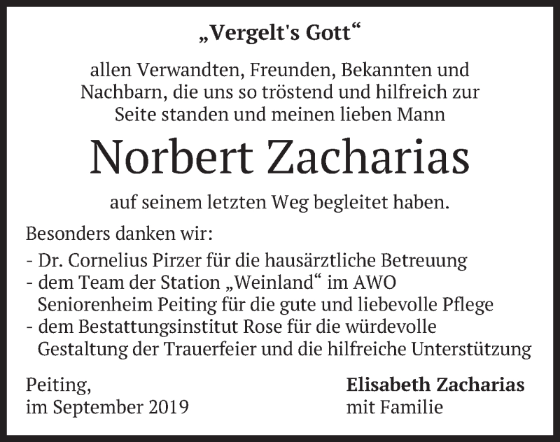 Traueranzeigen von Norbert Zacharias | trauer.merkur.de