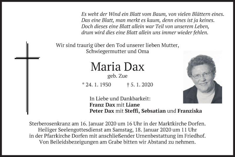 Traueranzeigen von Maria Dax | trauer.merkur.de
