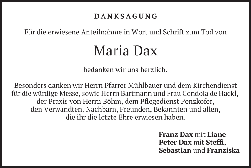 Traueranzeigen von Maria Dax | trauer.merkur.de
