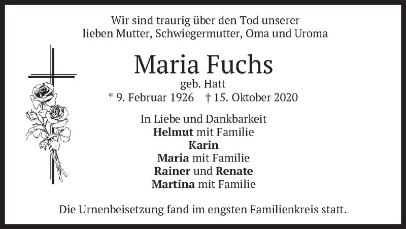 Traueranzeigen von Maria Fuchs | trauer.merkur.de