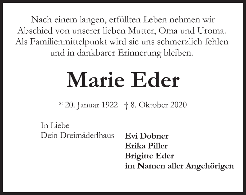 Traueranzeigen von Marie Eder | trauer.merkur.de