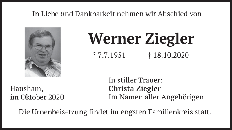Traueranzeigen von Werner Ziegler | trauer.merkur.de
