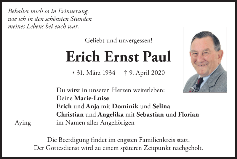 Traueranzeigen von Erich Ernst Paul | trauer.merkur.de