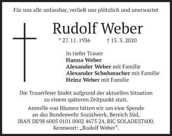 Traueranzeigen von Rudolf Weber | trauer.merkur.de