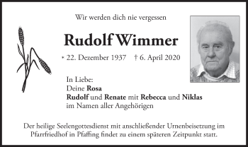 Traueranzeigen von Rudolf Wimmer | trauer.merkur.de