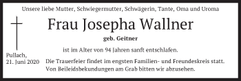 Traueranzeigen von Josepha Wallner | trauer.merkur.de