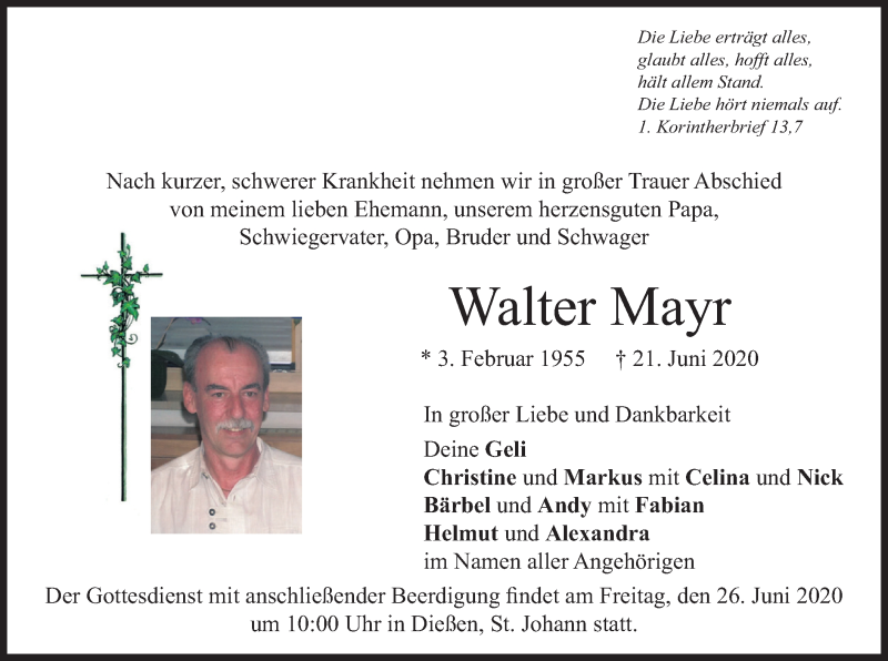 Traueranzeigen von Walter Mayr | trauer.merkur.de