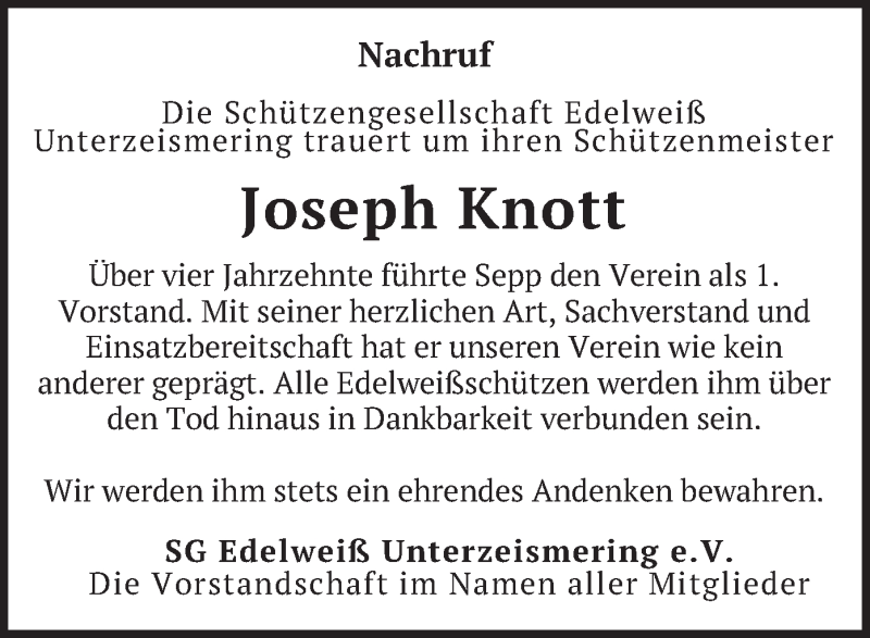Traueranzeigen von Joseph Knott | trauer.merkur.de