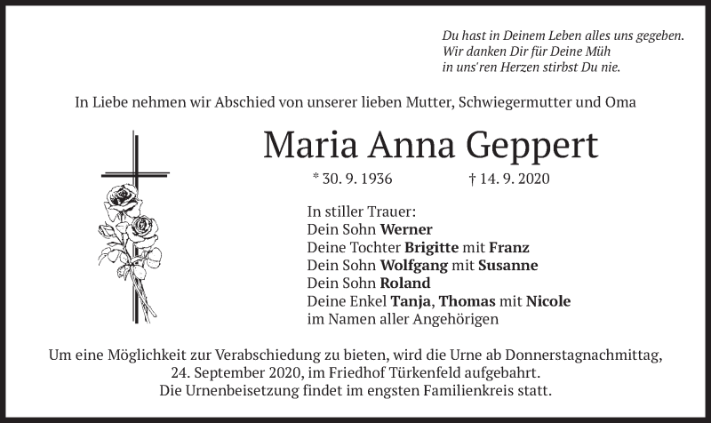 Traueranzeigen von Maria Anna Geppert | trauer.merkur.de