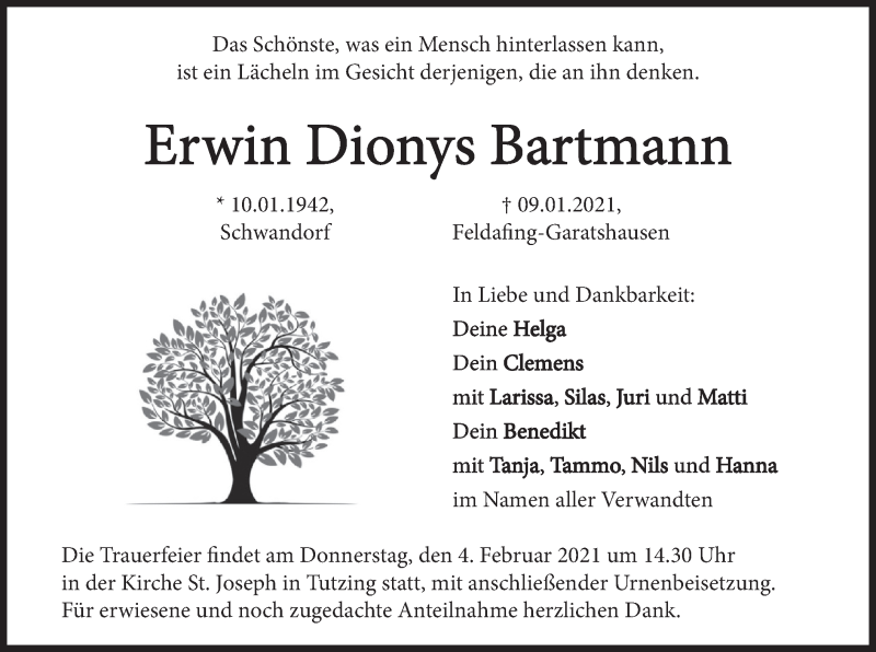 Traueranzeigen von Erwin Dionys Bartmann | trauer.merkur.de
