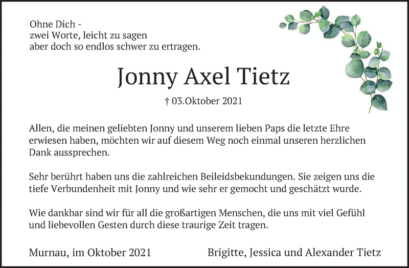 Traueranzeigen von Jonny Axel Tietz | trauer.merkur.de