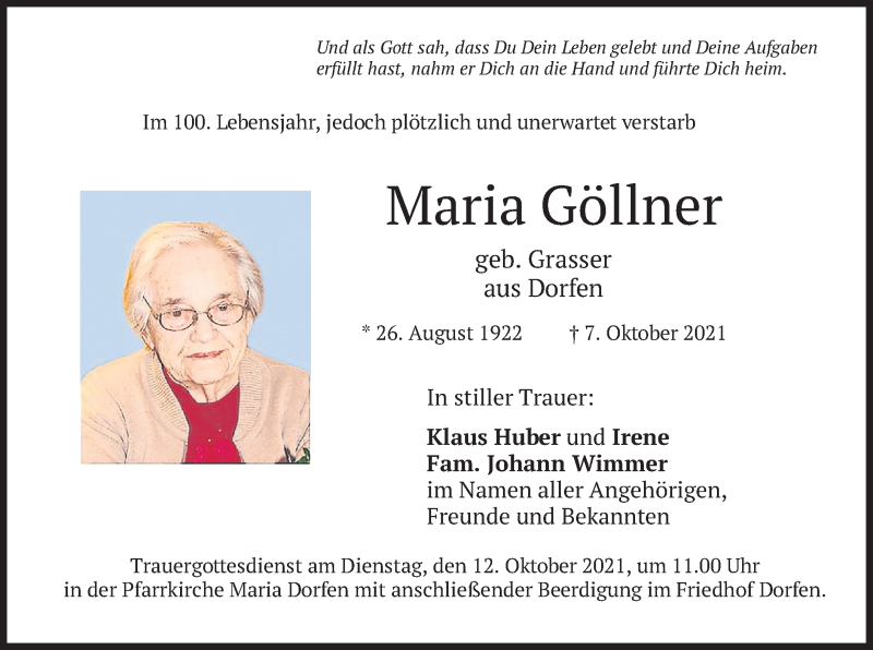 Traueranzeigen von Maria Göllner | trauer.merkur.de