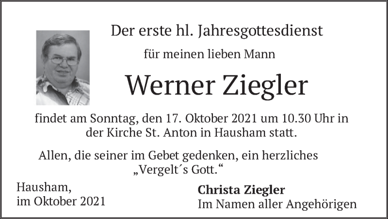 Traueranzeigen von Werner Ziegler | trauer.merkur.de