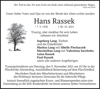 Traueranzeigen von Hans Rassek | trauer.merkur.de