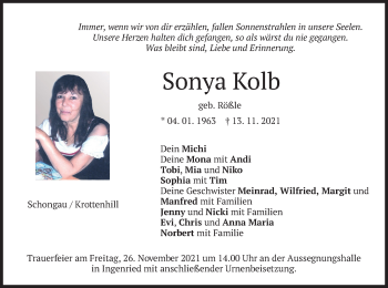 Traueranzeigen von Sonya Kolb | trauer.merkur.de