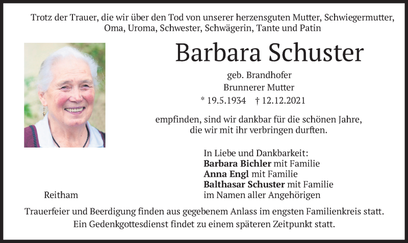 Traueranzeigen von Barbara Schuster | trauer.merkur.de