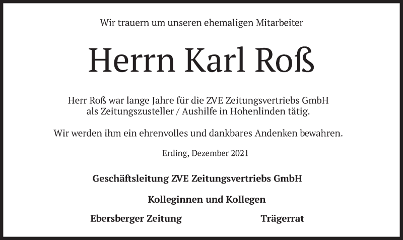 Traueranzeigen von Karl Roß | trauer.merkur.de