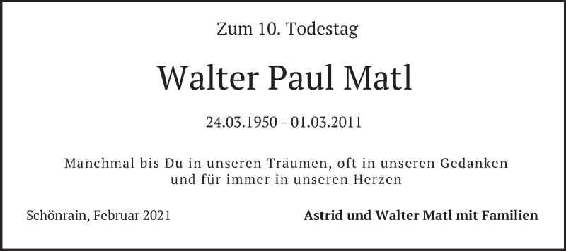 Traueranzeigen von Walter Paul Matl | trauer.merkur.de