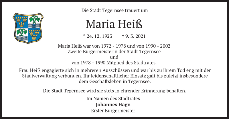 Traueranzeigen von Maria Heiß | trauer.merkur.de