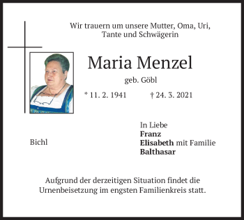 Traueranzeigen von Maria Menzel | trauer.merkur.de