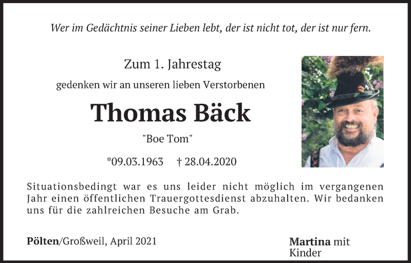 Traueranzeigen von Thomas Bäck | trauer.merkur.de