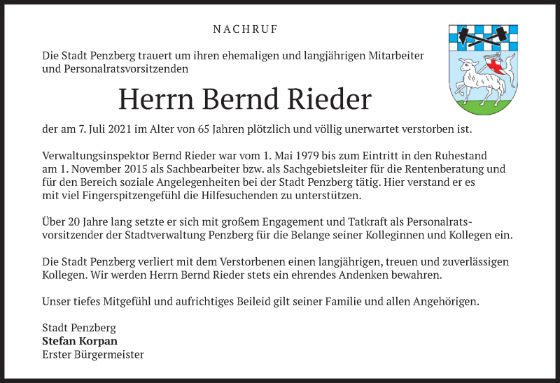 Traueranzeigen von Bernd Rieder | trauer.merkur.de