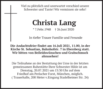 Traueranzeigen von Christa Lang | trauer.merkur.de
