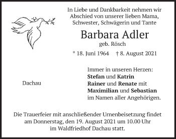Traueranzeigen von Barbara Adler | trauer.merkur.de