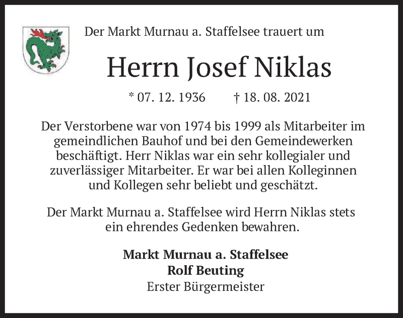 Traueranzeigen von Josef Niklas | trauer.merkur.de