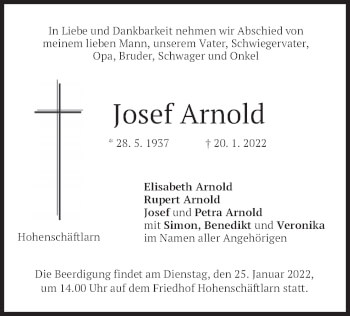 Traueranzeigen von Josef "Sepp" Arnold | trauer.merkur.de