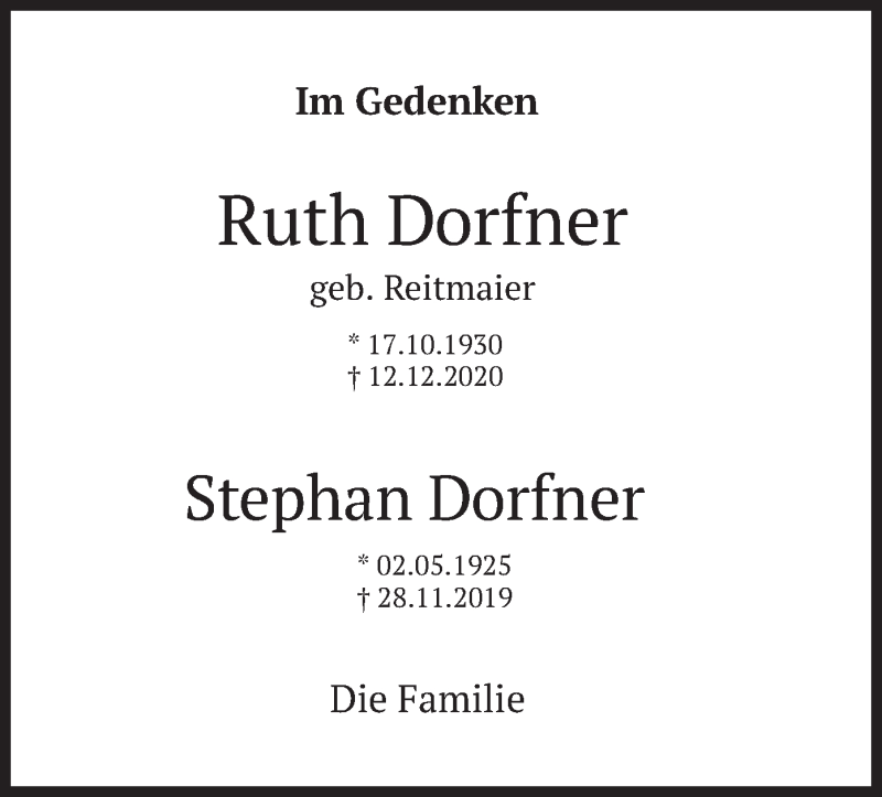 Traueranzeigen von Ruth und Stephan Dorfner | trauer.merkur.de
