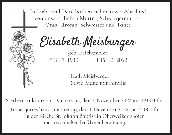 Traueranzeigen von Elisabeth Meisburger | trauer.merkur.de