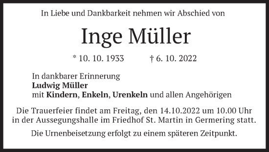 Traueranzeigen von Inge Müller | trauer.merkur.de