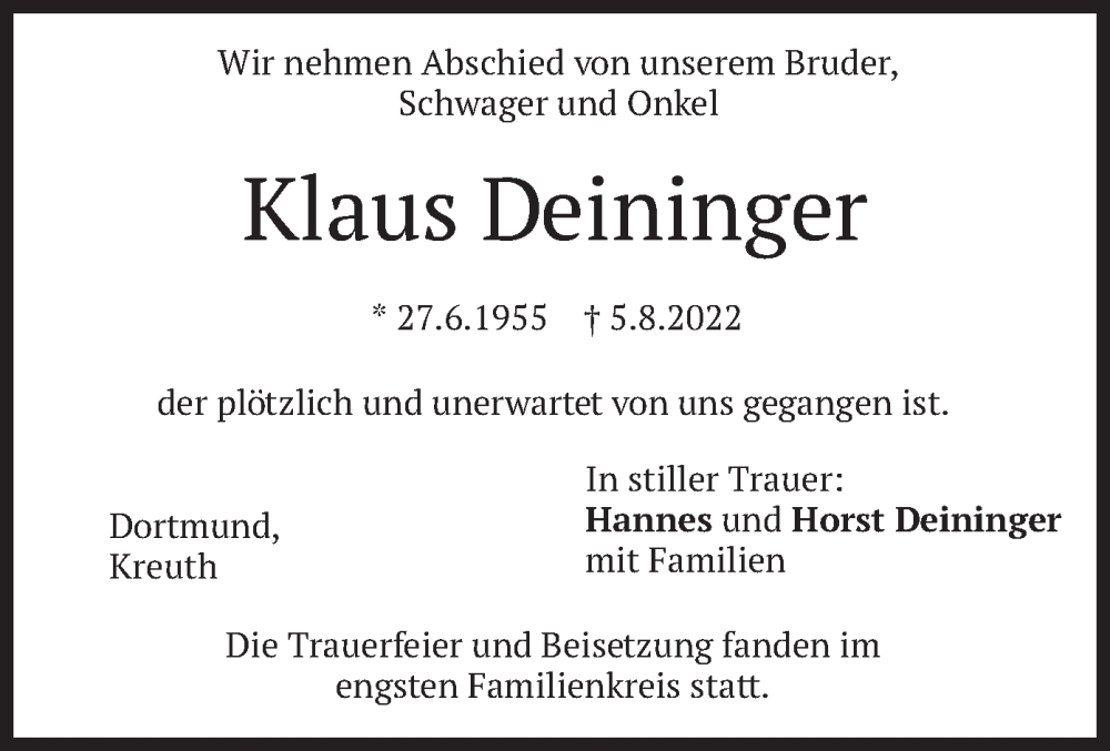 Traueranzeigen von Klaus Deininger | trauer.merkur.de