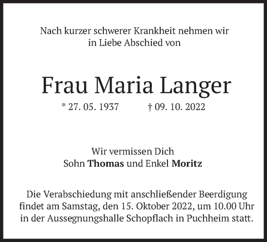 Traueranzeigen von Maria Langer | trauer.merkur.de