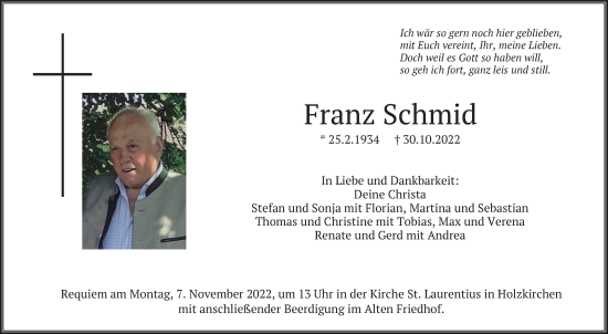 Traueranzeigen von Franz Schmid | trauer.merkur.de
