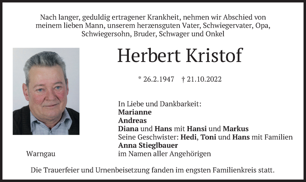Traueranzeigen von Herbert Kristof | trauer.merkur.de