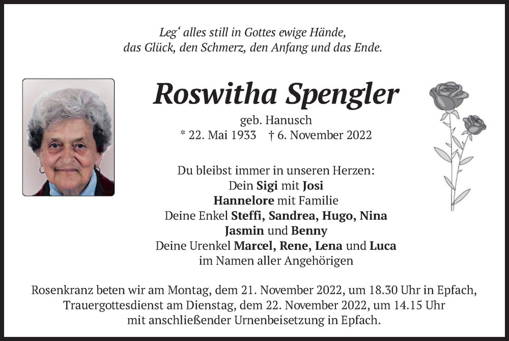 Traueranzeigen von Roswitha Spengler | trauer.merkur.de