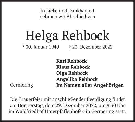 Traueranzeigen von Helga Rehbock | trauer.merkur.de