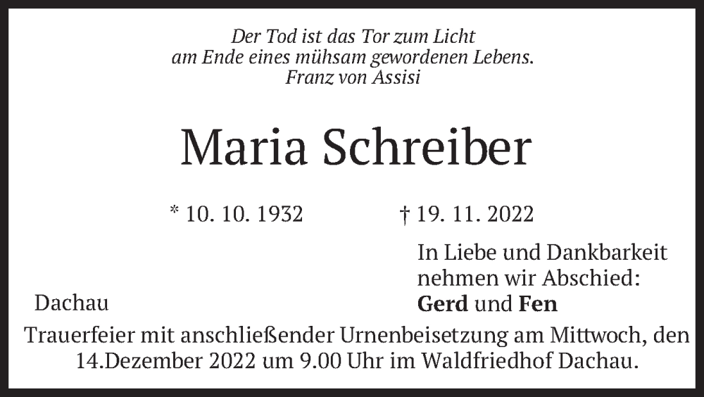 Traueranzeigen von Maria Schreiber | trauer.merkur.de