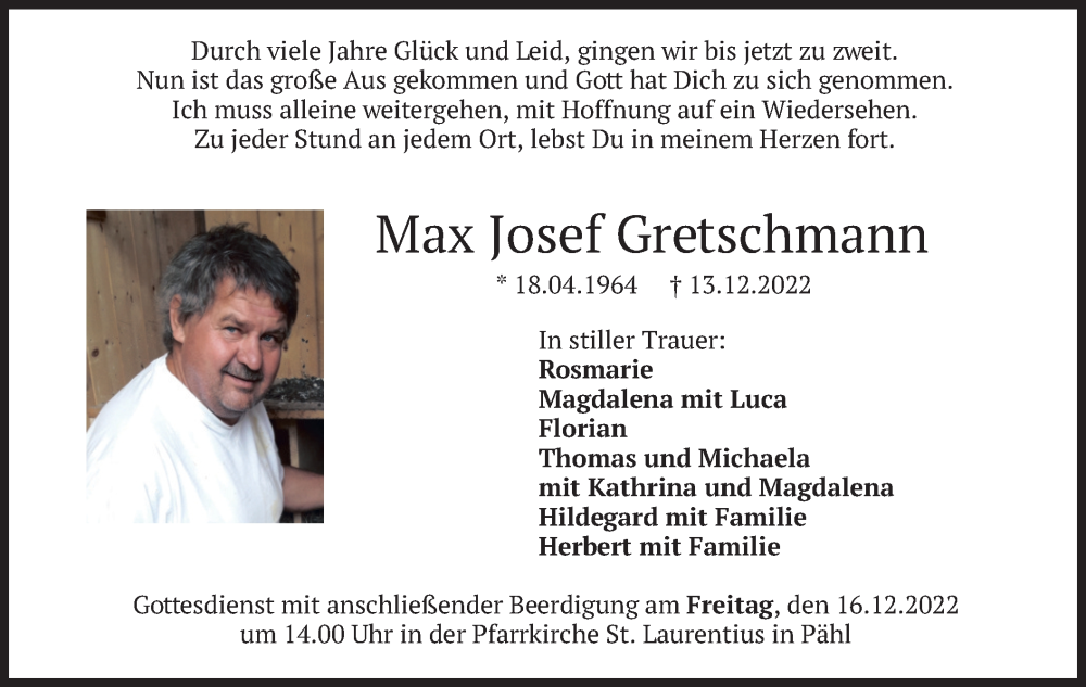 Traueranzeigen von Max Josef Gretschmann | trauer.merkur.de