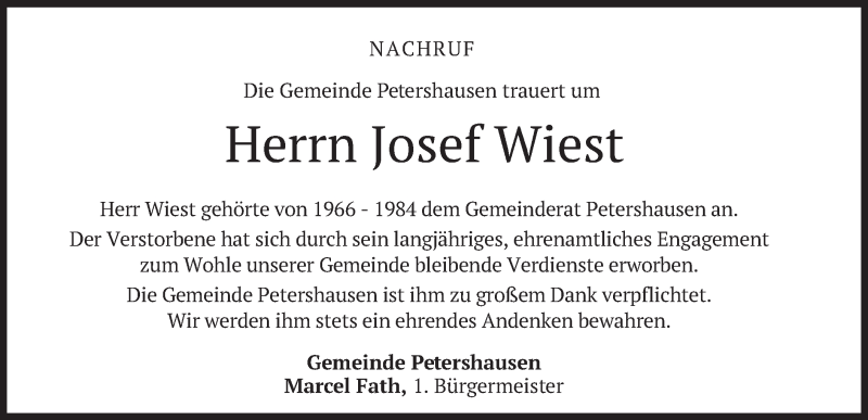 Traueranzeigen von Josef Wiest | trauer.merkur.de