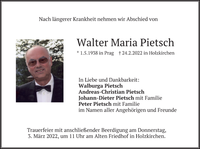 Traueranzeigen von Walter Maria Pietsch | trauer.merkur.de